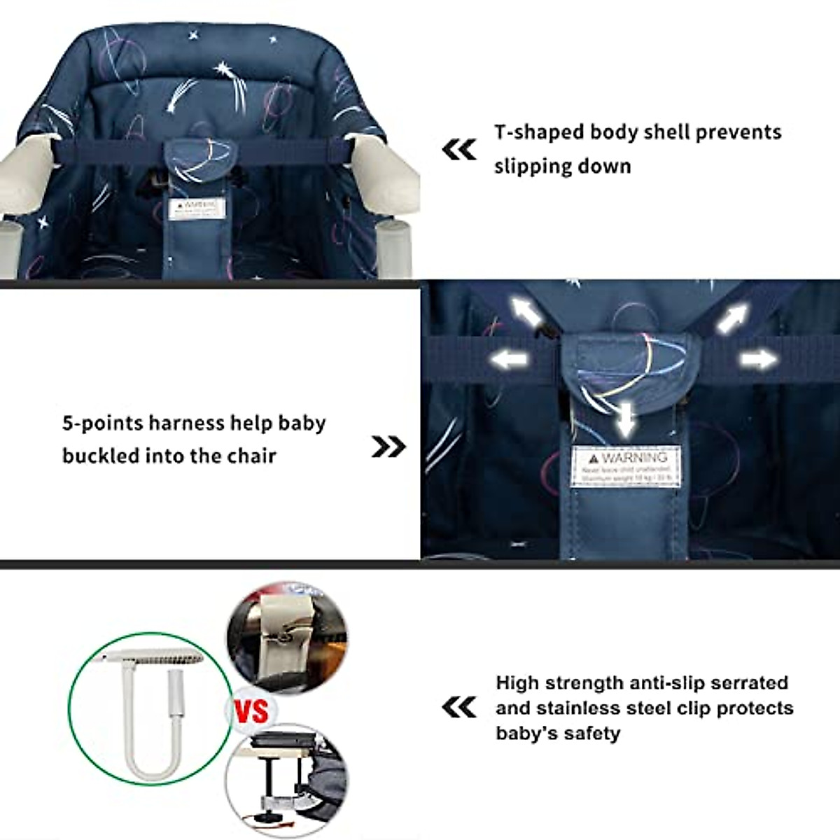 Teglu Hook On High Chair, Portable Clip on High Chair Washable with Harness for Home Travel, Fast Table Chair for Baby Toddler 6-36 Month-33lb(Blue)