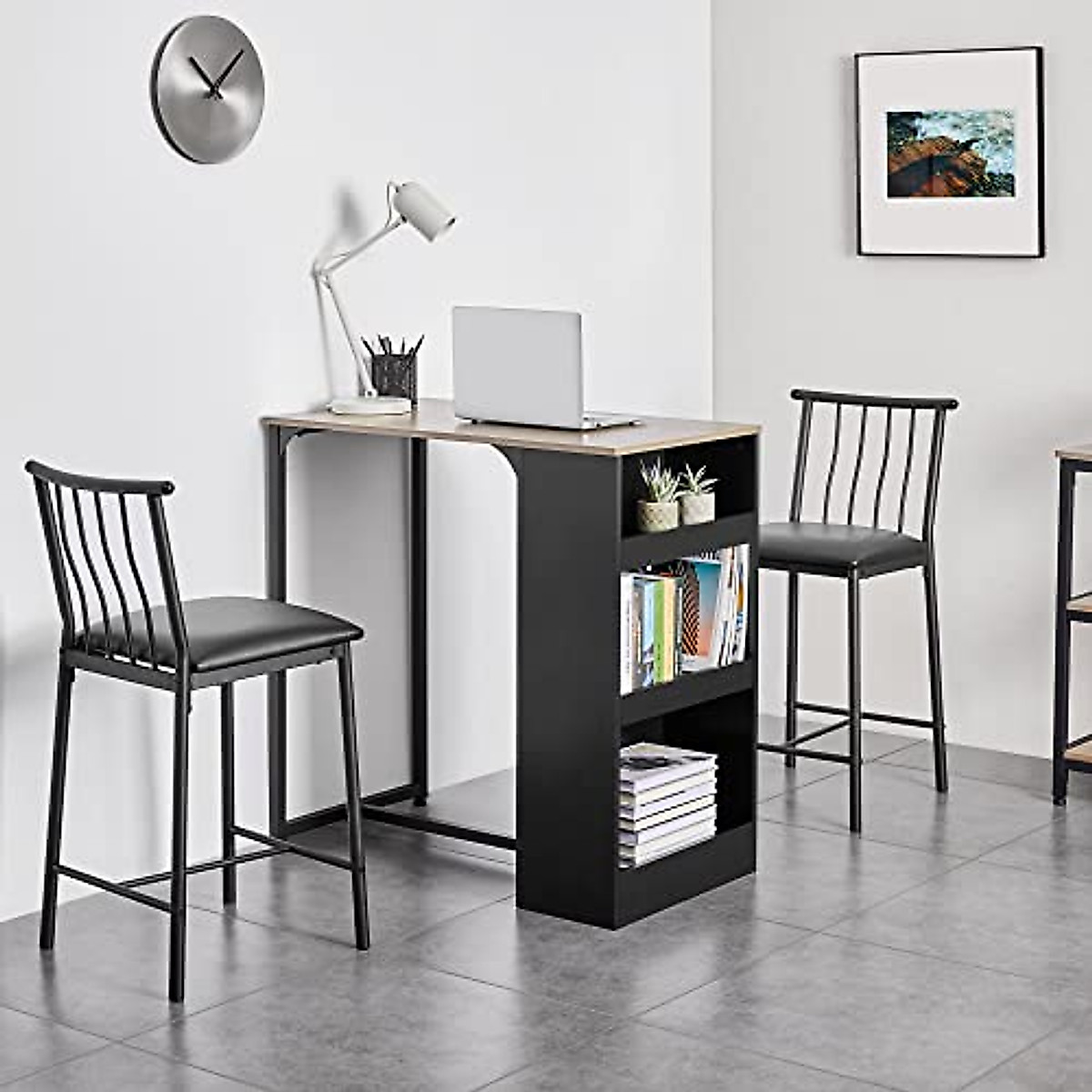 Yaheetech 3-Piece Dining Table Set, Counter Height Dining Table Set for 2, Compact Kitchen Table Set with 3-Layer Side Storage Shelf for Kitchen Restaurant, Black/Gray