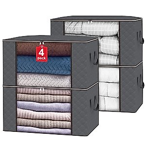 SGHUO 4 Pack Blanket Storage Bags with Zipper, Foldable Comforter Bag, Large Organizers for Blankets, Pillow, Quilts, Linen, Containers Thick Fabric, Sturdy Grey, 90L