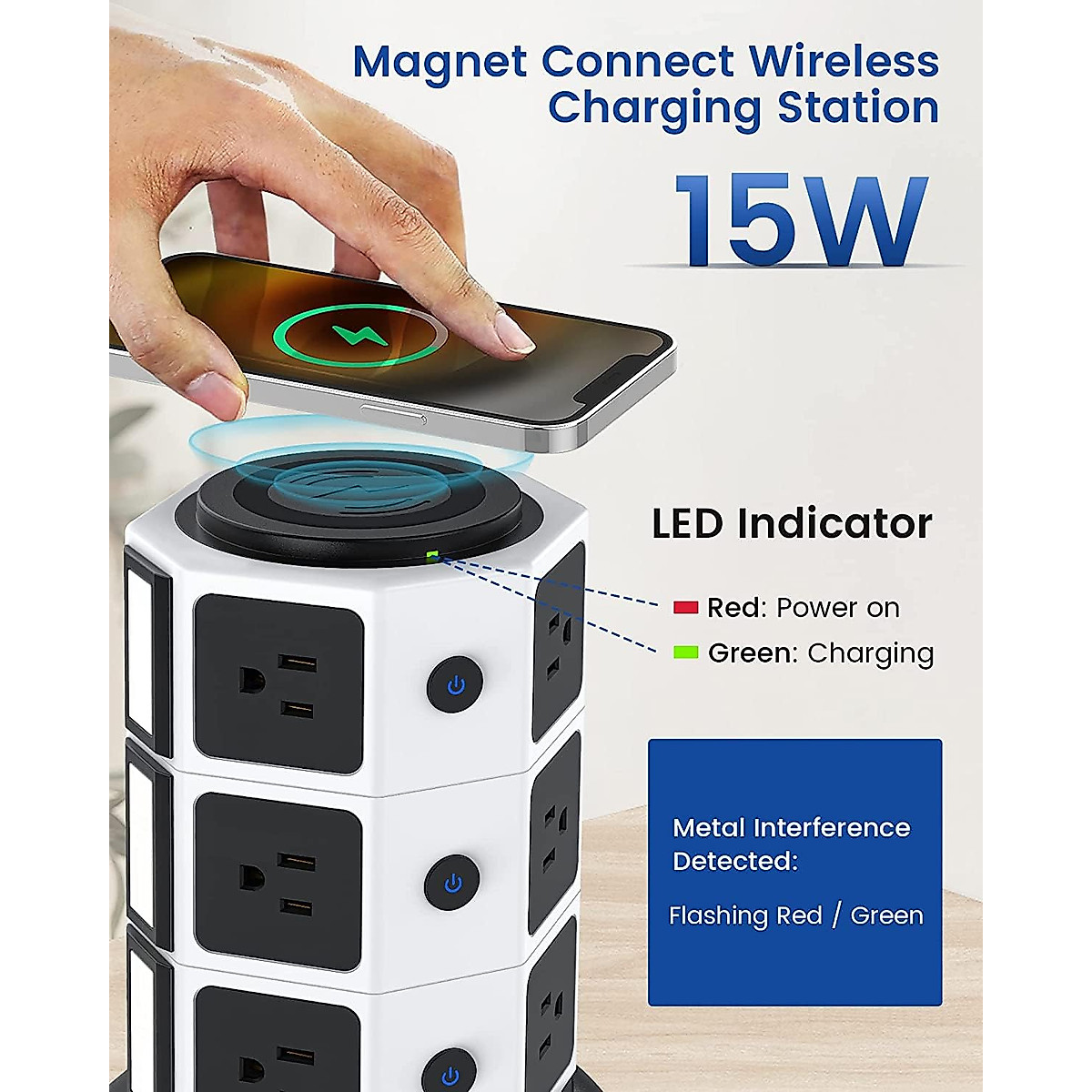 Power Strip Tower with Wireless Charger - Surge Protector with USB, JACKYLED Electric Outlet 13A 10 AC Outlets 4 USB Ports 6.5ft Extension Cord for School Dorm Office Home Desktop Computer White Black