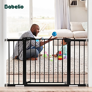 BABELIO Metal Baby Gate,5.5inch (14cm) Black Extension, Extra Wide Baby Gates for Stairs & Doorways, Pressure Mounted Walk Thru Child Gate with Door, NO Need Tools NO Drilling,30" Tall