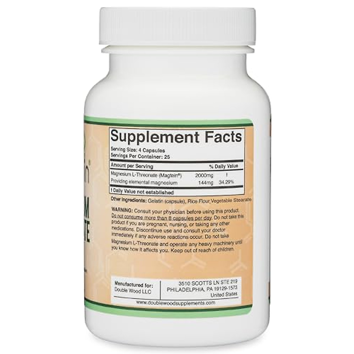 Magnesium L Threonate Capsules (Magtein) – High Absorption Supplement – Bioavailable Form for Sleep and Cognitive Function Support – 2,000 mg – 100 Capsules