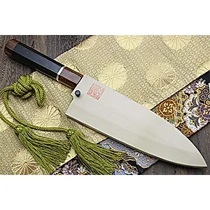 Yoshihiro Mizu Yaki Ginsanko Mirror-Finished High Carbon Stain Resistant Deba Fish Fillet Knife Ebony Handle with Silver Ring (7'' (180mm))