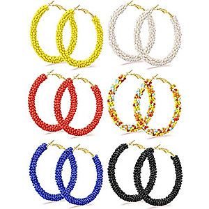 6 Pairs Bohemian Beaded Hoop Earrings Women Colorful Handmade Large Circle Dangle Drop Earrings for Women(Cute Colors)