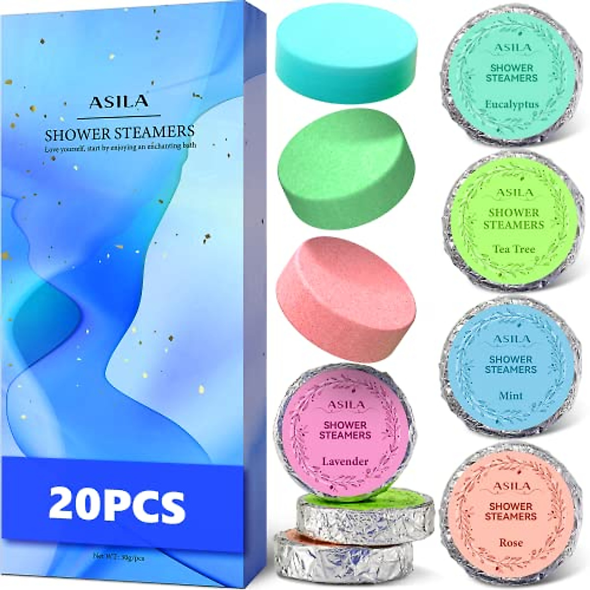 ASILA Shower Steamers Aromatherapy 20PCS Shower Bombs Gifts Set, Gifts for Mom, Self Care & SPA Relaxation Gifts for Women and Men Who Have Everthing Lavender/Tea Tree/Eucalyptus/Mint/Rose