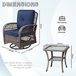 Joyside Patio Bistro Set - 3-Piece Patio Wicker Swivel Rocking Chair Set, Outdoor Patio Furniture Chair with Side Coffee Table & Durable Fabric Cushion(Brown/Blue)
