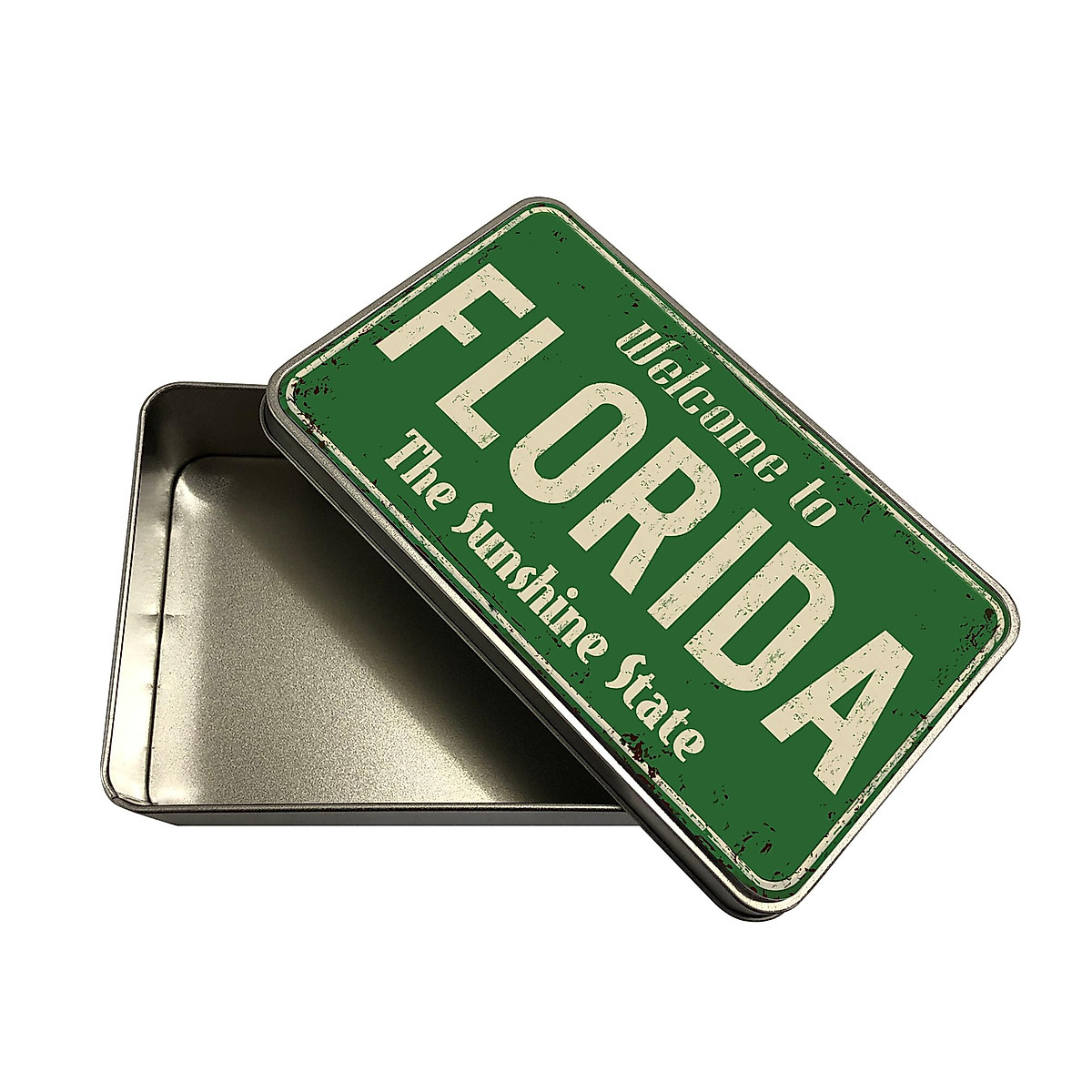 Ambesonne Florida Tin Box, Welcome to Florida Old and Rusty Graphic Sign Design The Sunshine State, Portable Rectangle Metal Organizer Storage Box with Lid, 7.2" X 4.7" X 2.2", Fern Green and Beige