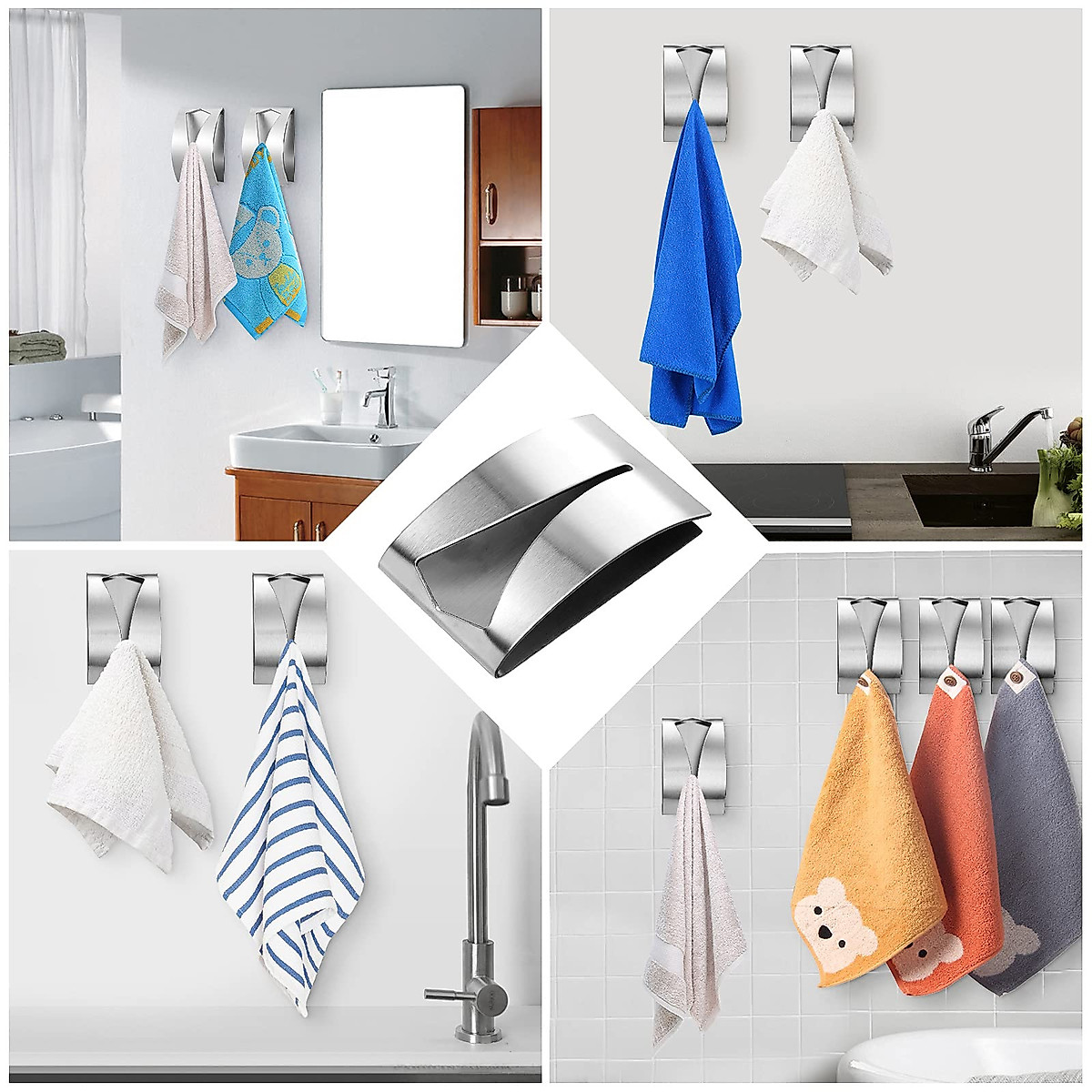 4 Pcs Kitchen Towel Holder Grabber Self Adhesive, Stainless Steel Kitchen Dish Towel Hook ,Wall Mount Non-Drilling Hand Towel Hanger Towel Holders for Bathroom Kitchen Cabinet