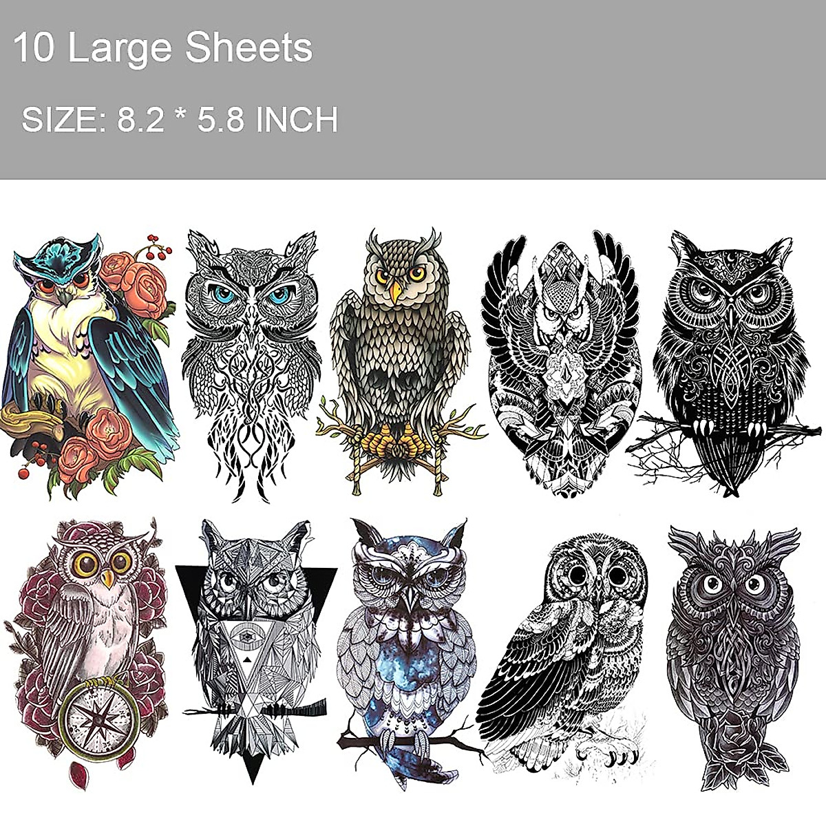 20 Sheets Large Owl Temporary Tattoos for Men Women, Realistic Owl Temporary Tattoo Stickers for Adults 3D Fake Wolf Lion Dragon Totem Animals Tatoos