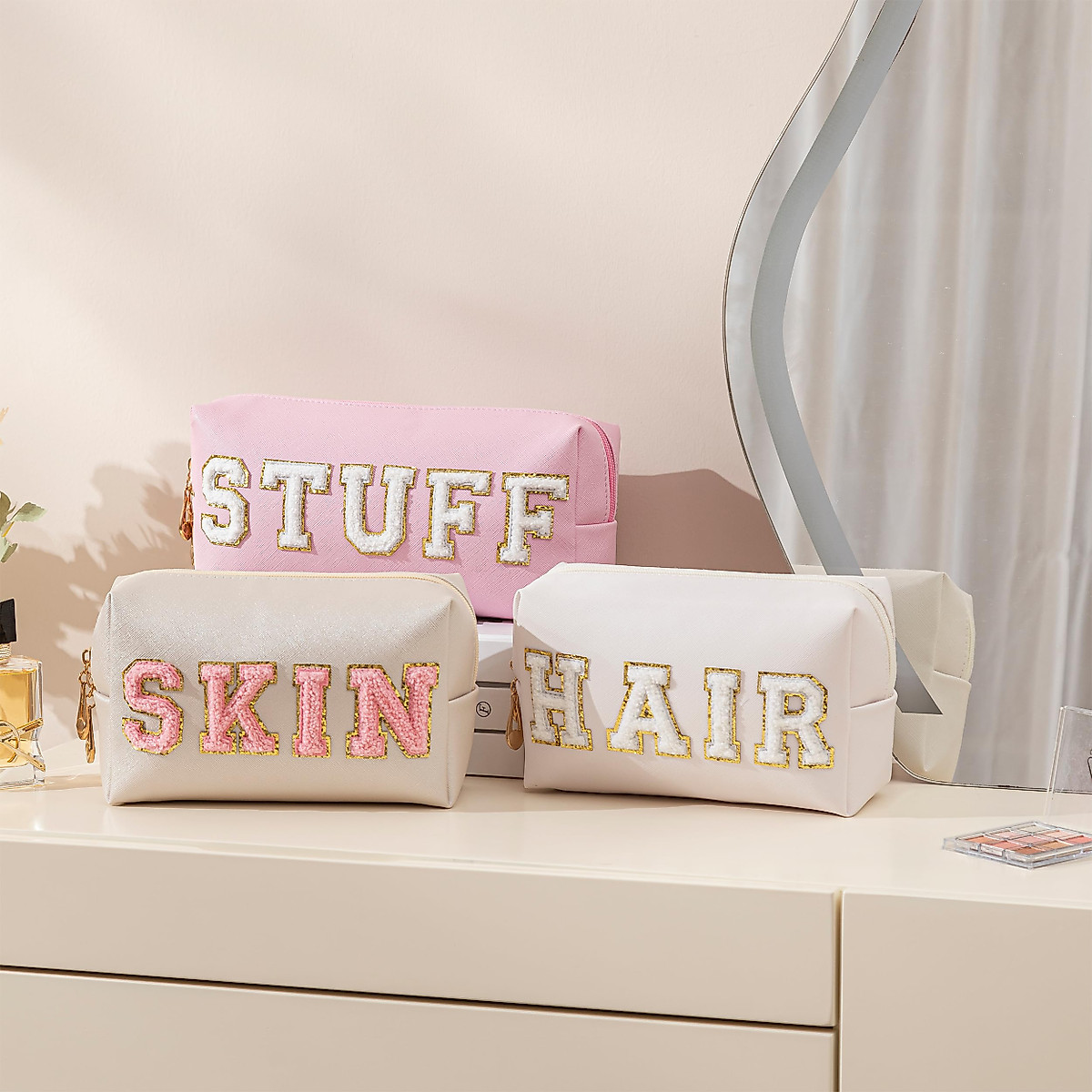 HBlife Pack of 3 Preppy Makeup Bag PU Leather Travel Toiletry Bag Set for Women Portable Chenille Letter Cosmetic Bag Waterproof Pouch Cute Zipper Organizer, Stuff, Skin and Hair