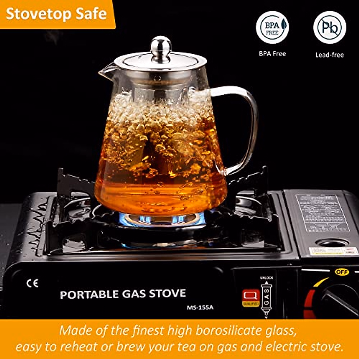 950ml/30oz Glass Teapot Kettle with Removable Stainless Steel Infuser & Matching Silicone Coasters, Stovetop & Microwave Safe Tea Pot for Loose Leaf Tea & Blooming Tea