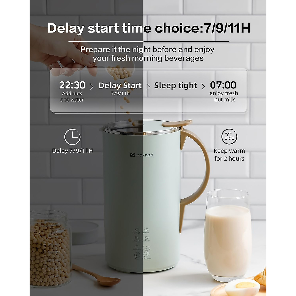 MOKKOM Automatic Nut Milk Maker, 20 oz Soy Milk Maker, Homemade Almond, Oat, Coconut, Soy, Plant-Based Milk and Dairy Free Beverages, Almond Milk Maker with Delay Start/Boild Water/Self Clean - Green