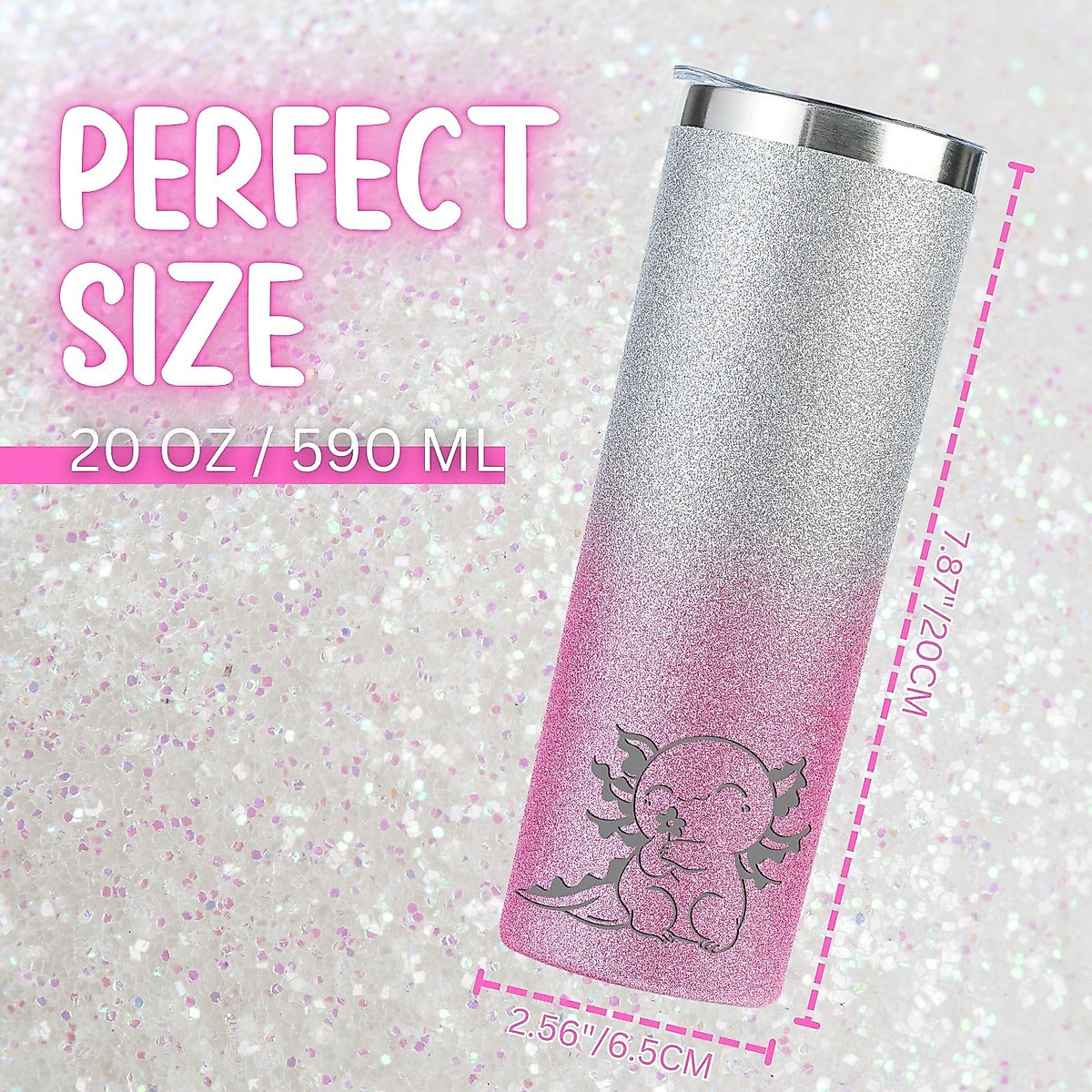 Onebttl Cute Axolotl Gifts for Girls/Women, Axolotl Stuff, Axolotl Water Bottle, Insulated 20 oz Stainless Steel Skinny Tumbler with Straw, Brush, Lid, and Gifts Box, Pink-Silver Gradient Glitter