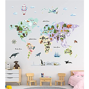 Large Animals World Map Wall Sticker Decals for Kids, Peel and Stick Wild Animals World Map Decor Stickers for Kids Wall Art Map of the World Decals for Nursery Classroom Playroom Kindergarten Educational Wall Decor