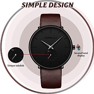 Mens Watches Ultra-Thin Minimalist Waterproof-Fashion Wrist Watch for Men Unisex Dress with Leather Band-Black Hands （Brown Leather）