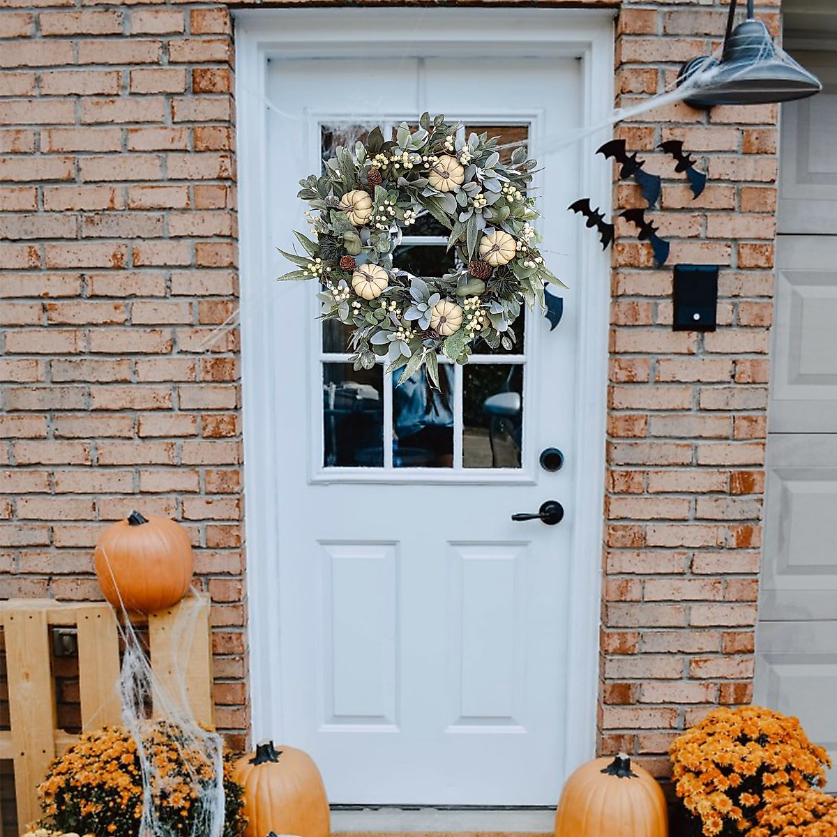 Fall Winter Thanksgiving Front Door Wreath, Winter Wreaths Autumn Flower Harvest Porch Wall Decor Artificial Orange Wreaths Garden Garland Farmhouse Decorations Pinecones Greeen Eucalyptus Foliage