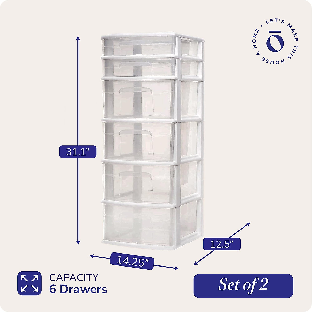Homz Plastic 6 Clear Drawer Medium Home Organization Storage Container Tower with 4 Large Drawers and 2 Small Drawers, White Frame (2 Pack)