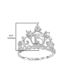 10K White Gold White Cubic Zirconia Studded Tiara Crown Sweet 15 Años Milgrain Quinceanera Statement Ring - Size 9-1/4