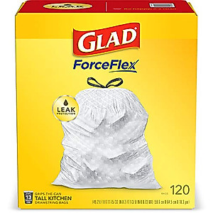 GLAD ForceFlex Tall Drawstring Trash Bags, 13 Gallon White Trash Bags for Tall Kitchen Trash Can, Unscented Leak Protection Bags, 120 Count - Packaging May Vary