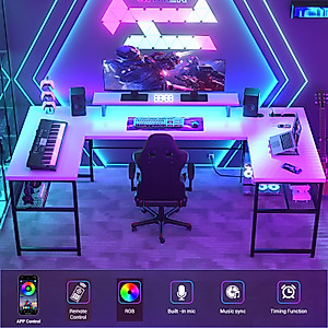 Unikito U Shaped Computer Desk with LED Strip and Power Outlets, Reversible Large Office Desk with Monitor Stand and Storage Shelves, 2 Person L Shaped Gaming Table, 83 Inch U Shape Corner Desk, White