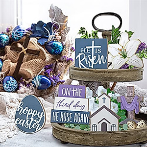 Guoofu Easter Tiered Tray Decor, 6 Pieces Farmhouse Tray Decorations, Happy Easter He is Risen Cross Eggs Lily Religious Wooden Signs, Rustic Easter Faith Decor for Home Table Mantel Church Party