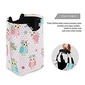 Exnundod Cute Flower Owls Laundry Basket Cartoon Style Large Laundry Hamper Folding Clothes Bag with Handle Oxford Clothes Washing Bin 22.7 Inch