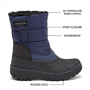 LONDON FOG Jett Waterproof Boys, Girls & Toddler Snow Boots for Kids - Insulated Warm Fleece Lined Girls & Boys Winter Boots - Navy Blue, 2 Little Kid