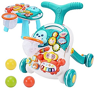 Meryi Sit-to-Stand Walker with Activity Center – Multifunctional Baby Push Walker with Interactive Learning Table– Early Learning Infant Walker for Toddlers, Kids 12-18 Months – Adjustable Wheel Speed
