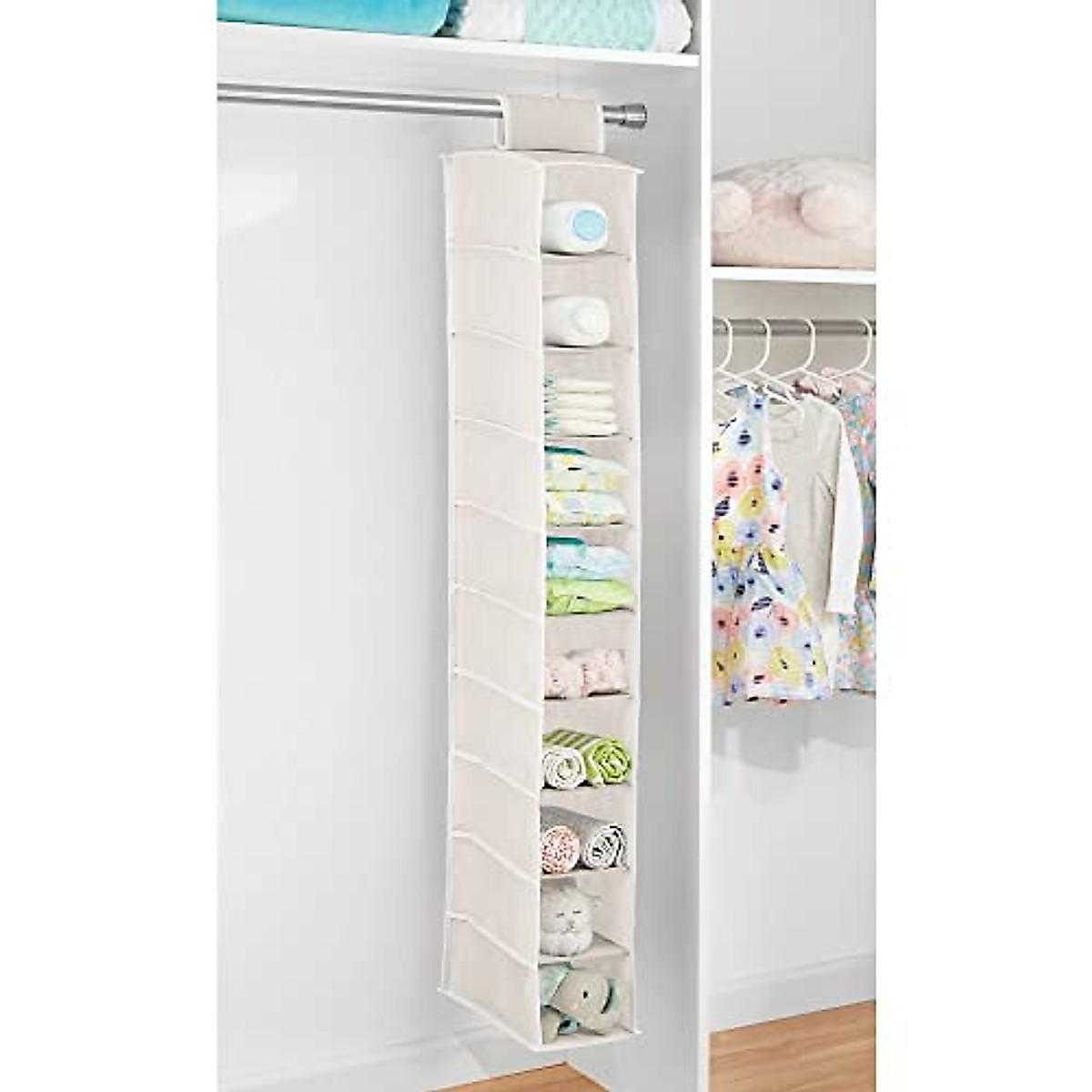 mDesign Soft Fabric Over Closet Rod Hanging Storage Organizer with 10 Shelves for Child/Kids Room or Nursery - Cream/White