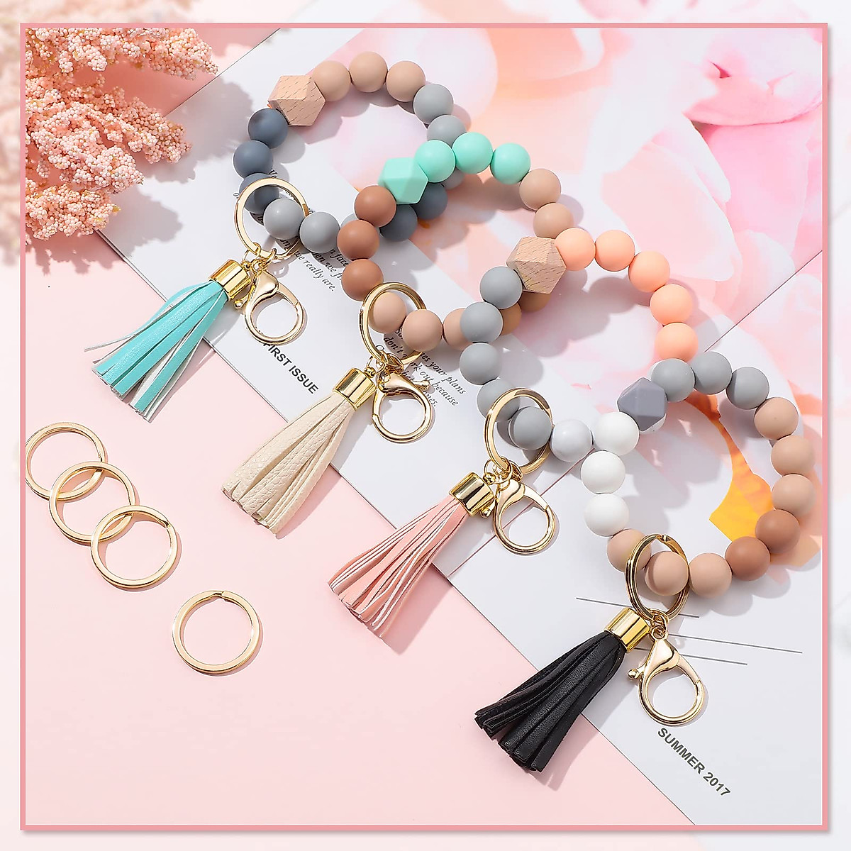 4 Pieces Silicone Key Ring Bracelet Beaded Wrislet Keychain Circle Keychains for Women Round Keychain Bracelet Portable Car Key Holder Stretchy Bangle Keychain with Leather Tassel for Unisex Adults