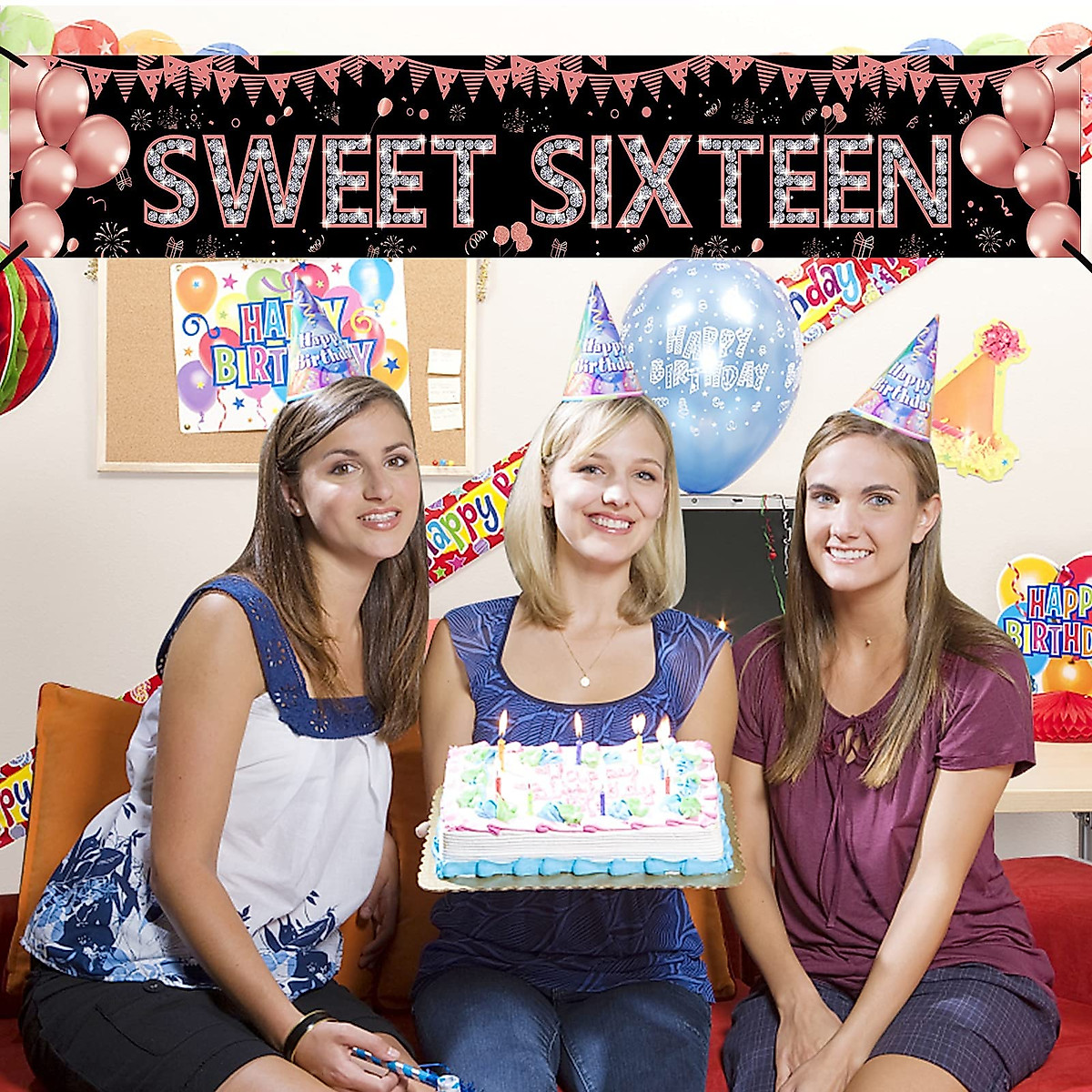 Happy 16th Birthday Banner Decorations for Girls, Rose Gold Sweet Sixteen Birthday Party Supplies, 16 Years Old Birthday Photo Booth Sign(9.8x1.6ft)