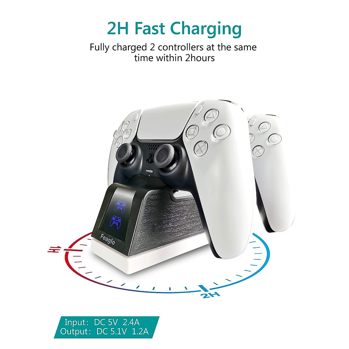 2H Fast Charging PS5 Controller Charger, Feaglo Spring Charging Station for Playstation 5 Dualsense Controllers, Charger Dock with LED Indicator