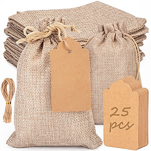 SallyFashion 25PCS 4x6 Inch Burlap Gift Bags and 25Pcs Gift Tags With Drawstring, Linen Sack Bags Jewelry Pouches for Christmas Wedding Party Favors DIY Crafts