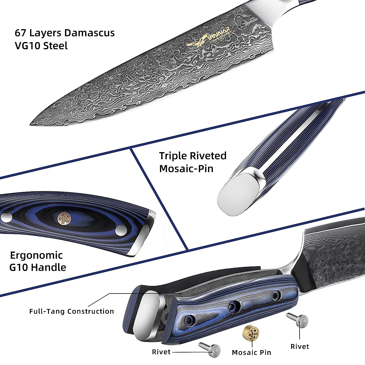 VINNAR Damascus Chef Knife, Japanese VG-10 Super Sharp 8 inch Professional Kitchen Knives, Ergonomic Blue G10 Handle，Sharpest Cooking Knife Best Choice for Home Kitchen and Restaurant