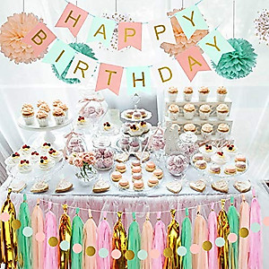 Mint Peach Birthday Party Decorations, Happy Birthday Decoration Set with Birthday Banner Pom Poms Circle Dot Garland and Tassel Garland for Women Grils Birthday Party Decor