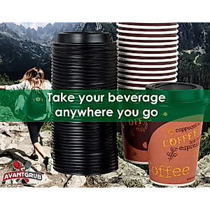 Avant Grub 100 Pack 12 Oz Restaurant Grade Paper Coffee Drinking Cup With Recyclable Dome Lids. Durable, BPA Free Disposable Designer Cups For Hot Drinks At Kiosks, Shops, Cafes