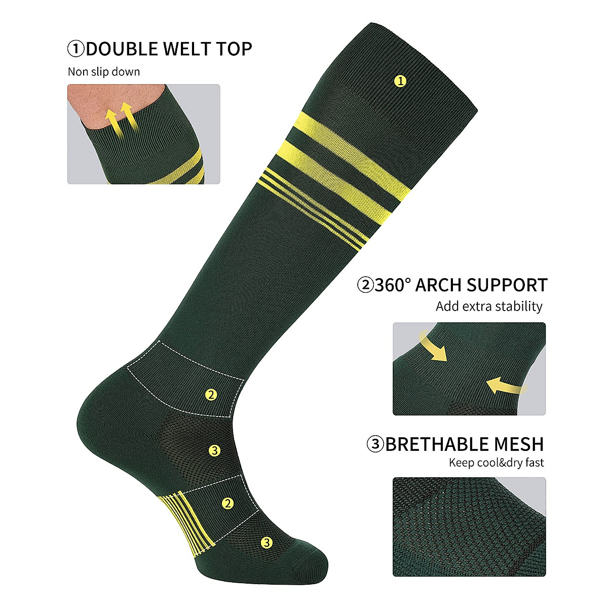 CS CELERSPORT 2 Pack Soccer Socks for Youth Kids, Men and Women Sport Softball Socks with Cushion, Green, Large