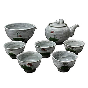 Korean Style Buncheong Porcelain Lotus Flower Tea Ceremony Complete Service Gift Set Ceramic Pottery 11.8 oz (350ml) Side Handle Tea Pot Cups Saucers Teapot Pitcher Bowl for Cooling Hot Water