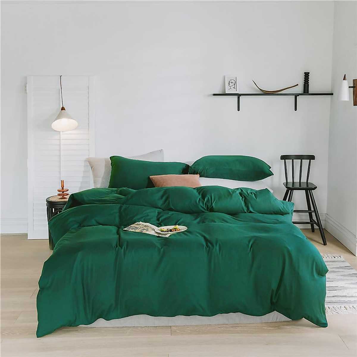 Wellboo Emerald Green Comforter Sets Queen Solid Dark Green Bedding Comforters Cotton Modern Plain Hunter Green Quilts Bedding Women Men Dark Forest Green Dorm Blankets Soft Durable Boho Green Bedding