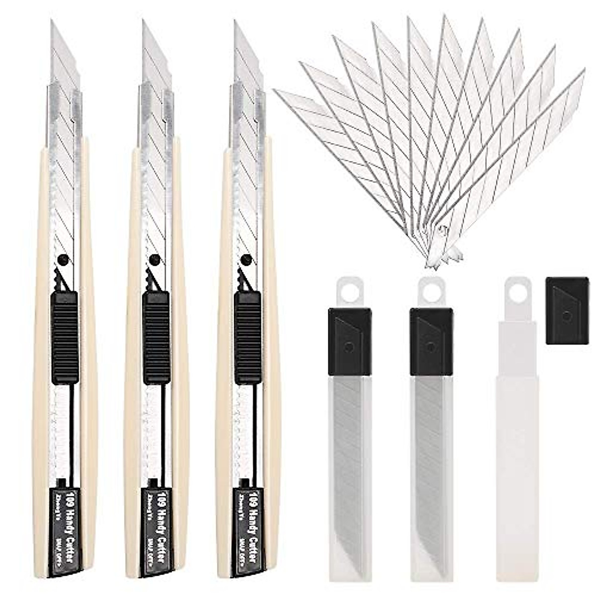 Gift Wrap Cutter Retractable Box Cutter, 3 Pcs Lockable Blade Knives + 30 Pcs 30 Degree 9mm Snap Off Blades, Smooth Mechanism Craft Knife, Christmas Wrapping Paper Cutter