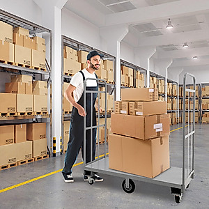 biosp Narrow Aisle U-Boat Platform Truck Dolly, 2205 lbs Load Capacity Steel Platform Cart Dolly, Heavy Duty Utility Cart with Steel Deck, Hand Truck with Dual Removable Handles, 63'' x 60'' x 24''