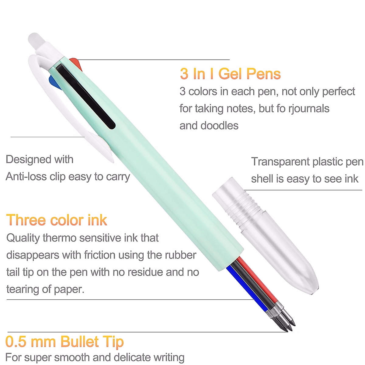 6 PCS 3-in-1 Multicolor Erasable Gel Pens, Erasable Multicolor Ballpoint Pen for Make Mistakes Disappear,0.5mm Ink Gel Pens Quick-drying Rolling Ball Pens with Eraser,3-Color Retractable Erasable Pens