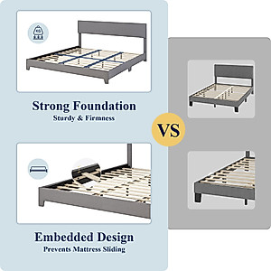 Allewie King Size Platform Bed Frame with Adjustable Upholstered Headboard, Strong Wood Slats, Heavy Duty Mattress Foundation, No Box Spring Needed, Noise-Free, Easy Assembly, Light Grey