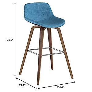 SIMPLIHOME Randolph 26 Inch Mid Century Modern Bentwood Counter Height Stool (Set of 2) in Medium Blue Linen Look Fabric, For the Dining Room and Kitchen