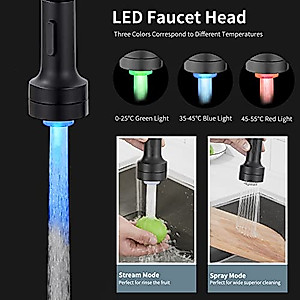 Casavilla Faucet, Black Kitchen Faucet with LED Light, Kitchen Sink Faucets with Pull Down Sprayer, Dual Function Spray Head, Farmhouse Stainless Steel Single Handle Kitchen Faucets