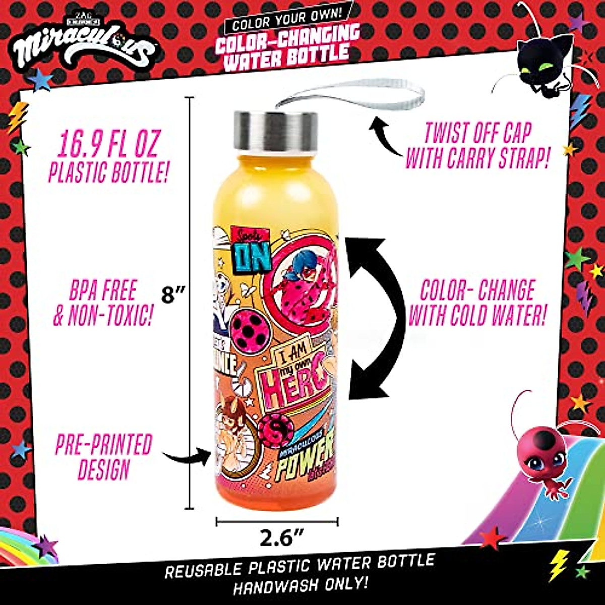 Miraculous Create Your Own Color-Changing Water Bottle, Color Your Own Water Bottle, Great For Travel & Road Trips, Sports & School, Creative Gift Idea, Arts & Crafts Activity Kids Ages 6, 7, 8, 9, 10