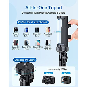 andobil 62'' iPhone Tripod Stand with Remote, Tripod for Samsung Galaxy S23 Ultra, Extendable Cell Phone Stand Lightweight Tripod Fit for iPhone 14 Pro Max, Samsung S22 S21, Android/Camera/GoPro
