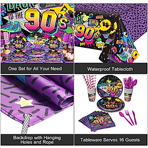 90s Party Decorations 90s Theme Backdrop Latex Balloons Back to The 90's Tablecloth Party Tableware Set 90's Paper Plates Napkins Knife Forks Flatware for Birthday Hip Hop Graffiti Supplies