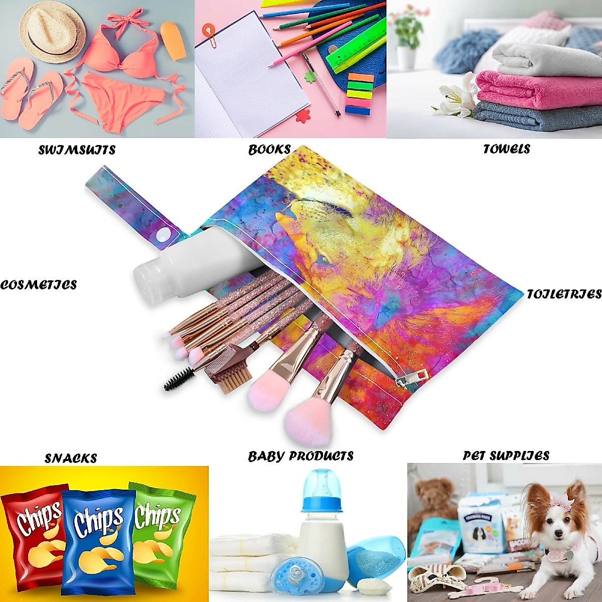 visesunny Abstract Lion Face Animal 2Pcs Wet Bag with Zippered Pockets Washable Reusable Roomy Diaper Bag for Travel,Beach,Daycare,Stroller,Diapers,Dirty Gym Clothes,Wet Swimsuits,Toiletries