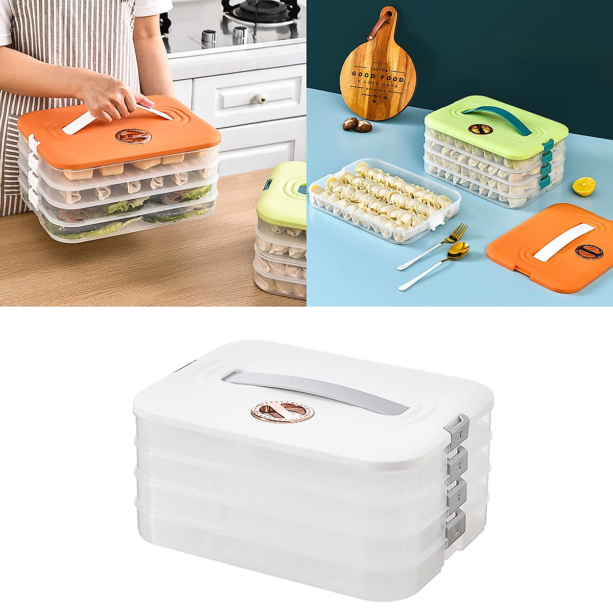 Jonvin 4-Layer Food Storage Containers,Food Storage Containers with Lids Dumpling Storage Box,Good Sealing,Stackable Dumpling Food Containers